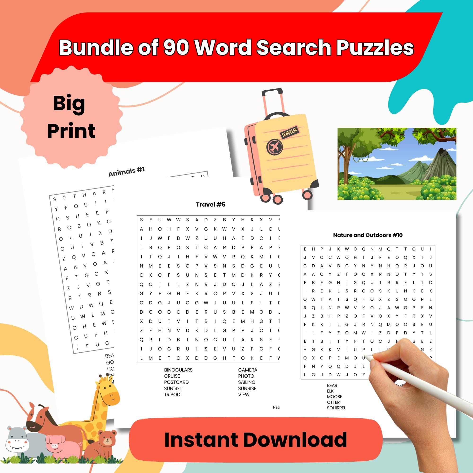Word Search Puzzle Printable Bundle, Animals, Travel, and Nature ...