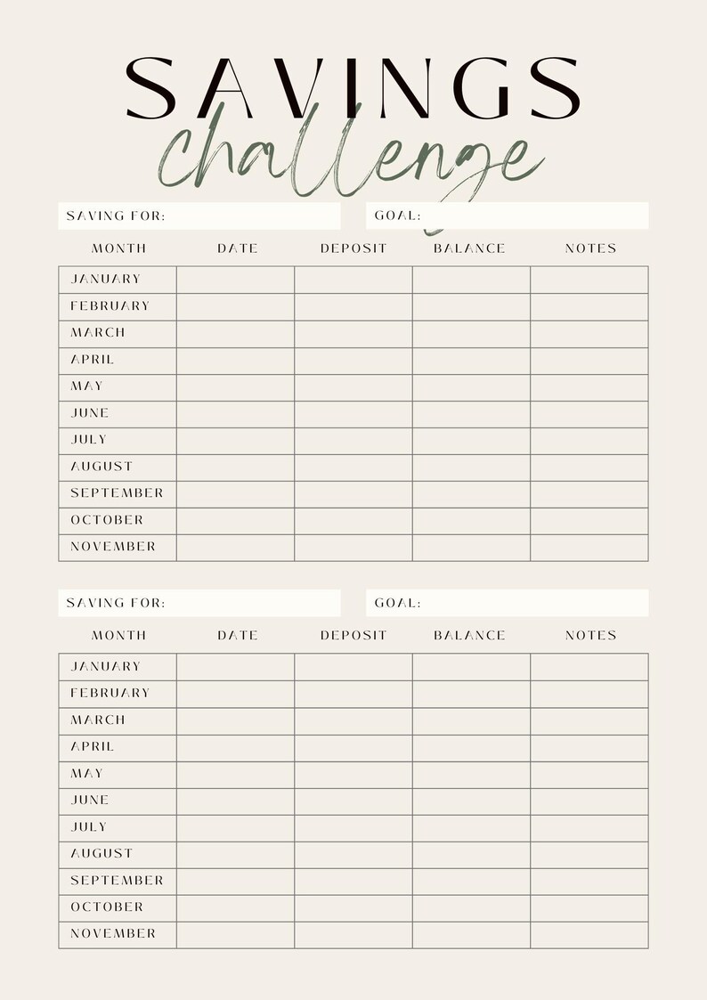 Printable Savings Challenge Tracker | Monthly Savings Goal Organizer ...