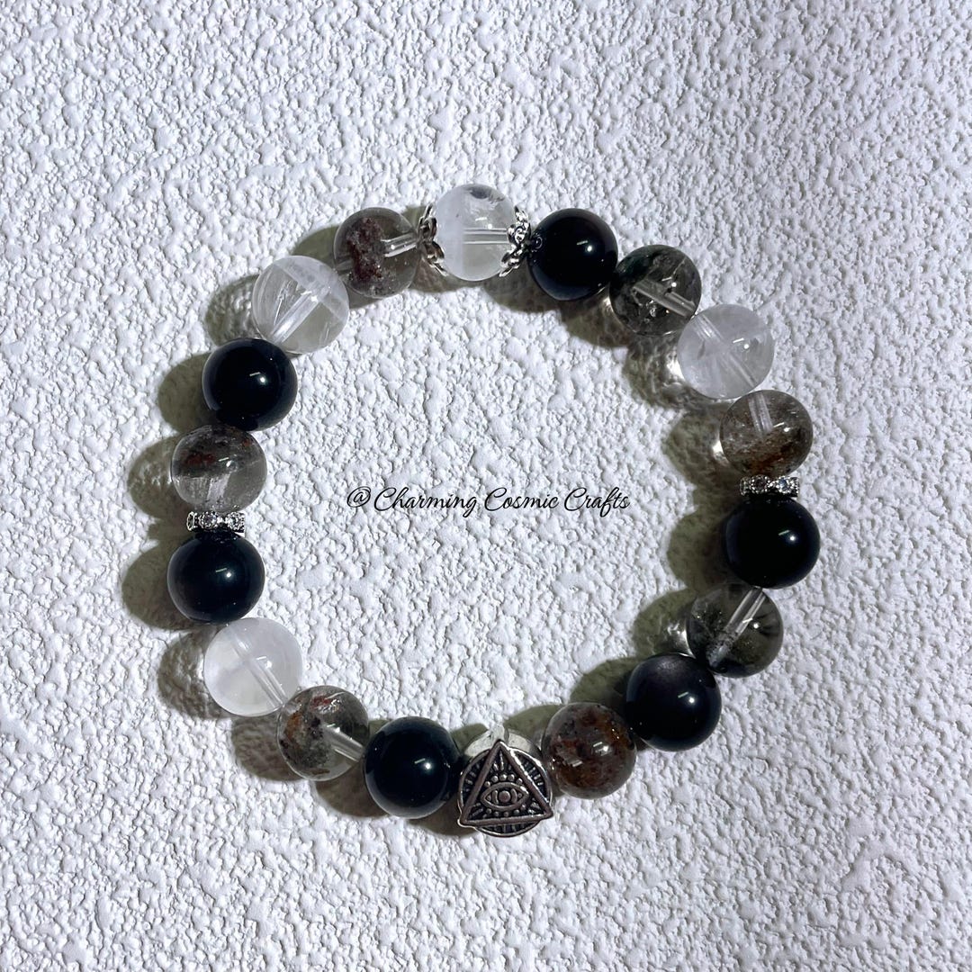 Sheen Obsidian, Clear Crystal, Phantom Quartz | 10mm Stretchable Black & White Beaded Gemstone ...