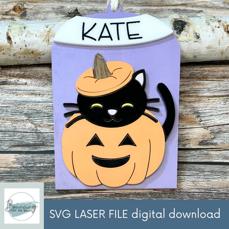 Halloween Black Cat Pumpkin Name Tag SVG, Glowforge Laser File - Etsy