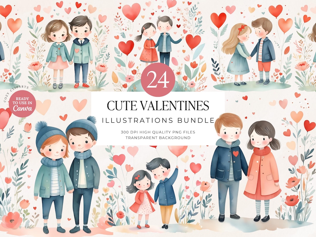 Cute Valentine Clipart Bundle, Valentines Day PNG, Sweet Kawaii Couples ...