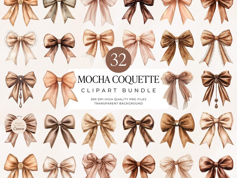 32 Coquette Bows Clipart, Mocha Mousse PNG, Cottagecore Aesthetic ...