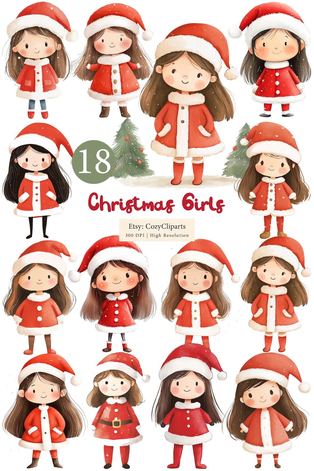 Cute Christmas Girl Clipart, Santa Girl Stickers, Watercolor Whimsical ...