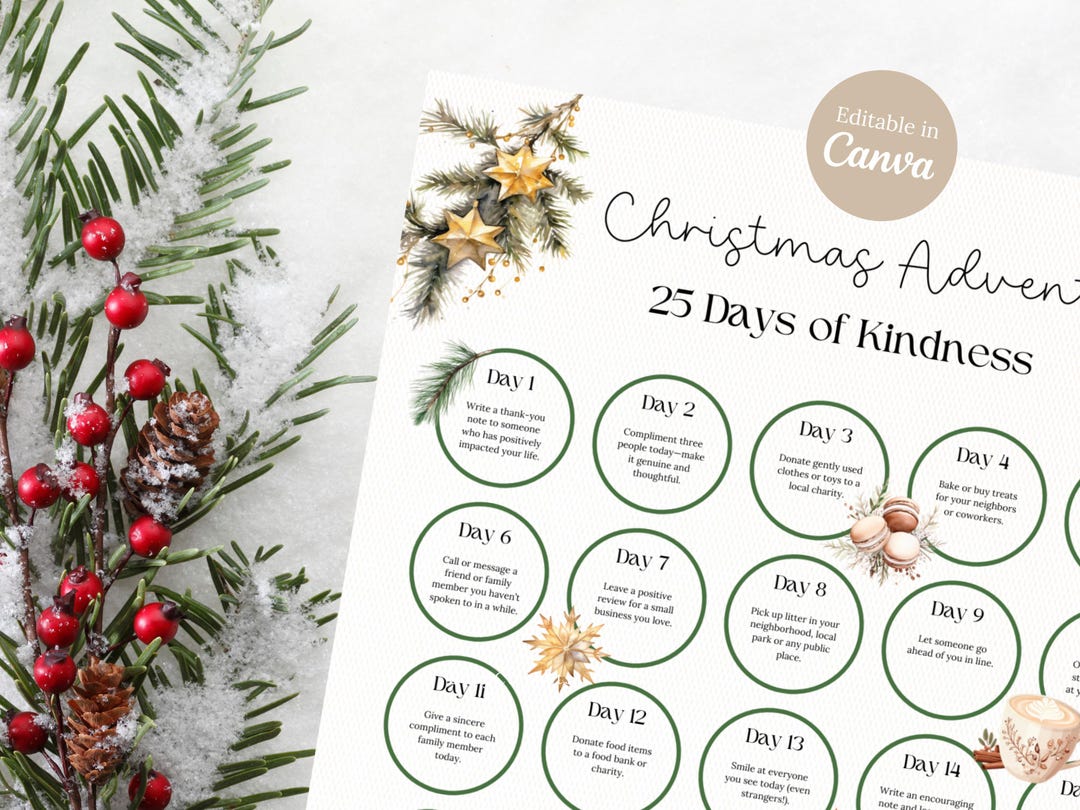 Christmas Advent Printable, 25 Days of Kindness, Editable Canva ...