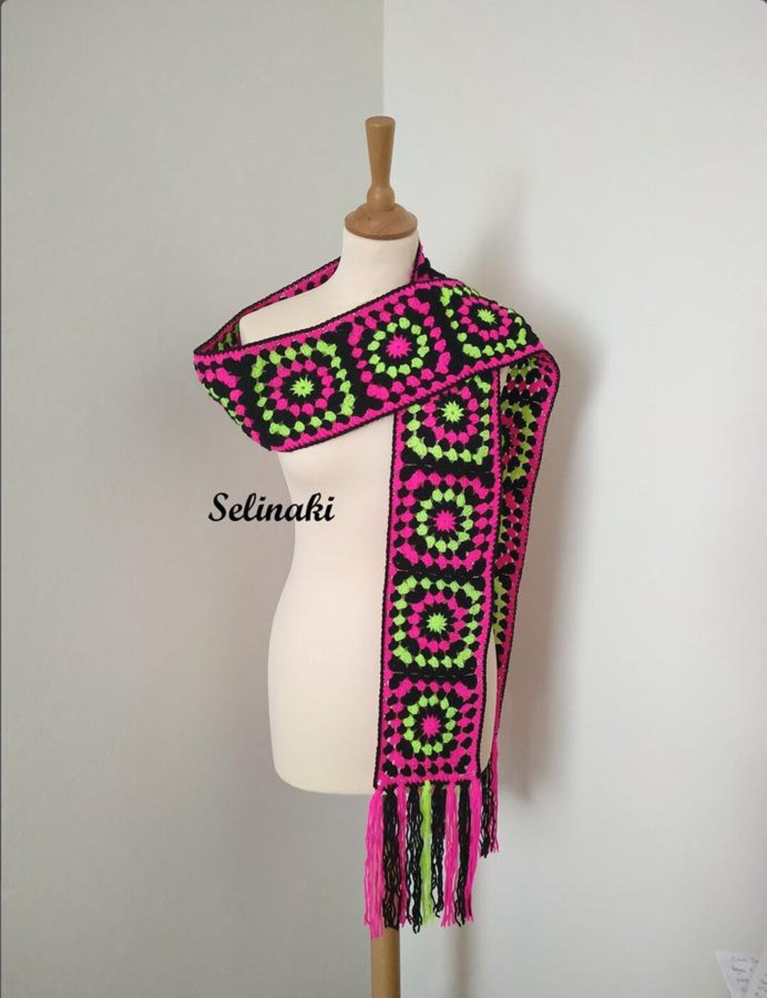 Crochet Neon Colors Granny Square Scarf Long Pink Yellow Black - Etsy