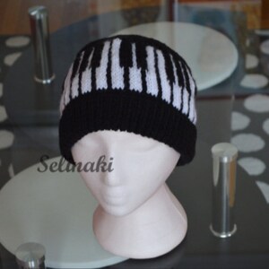 Hand Knit Piano Keyboard Music Hat Beanie Double Band Black and White ...