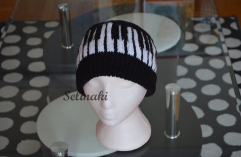 Hand Knit Piano Keyboard Music Hat Beanie Double Band Black and White ...