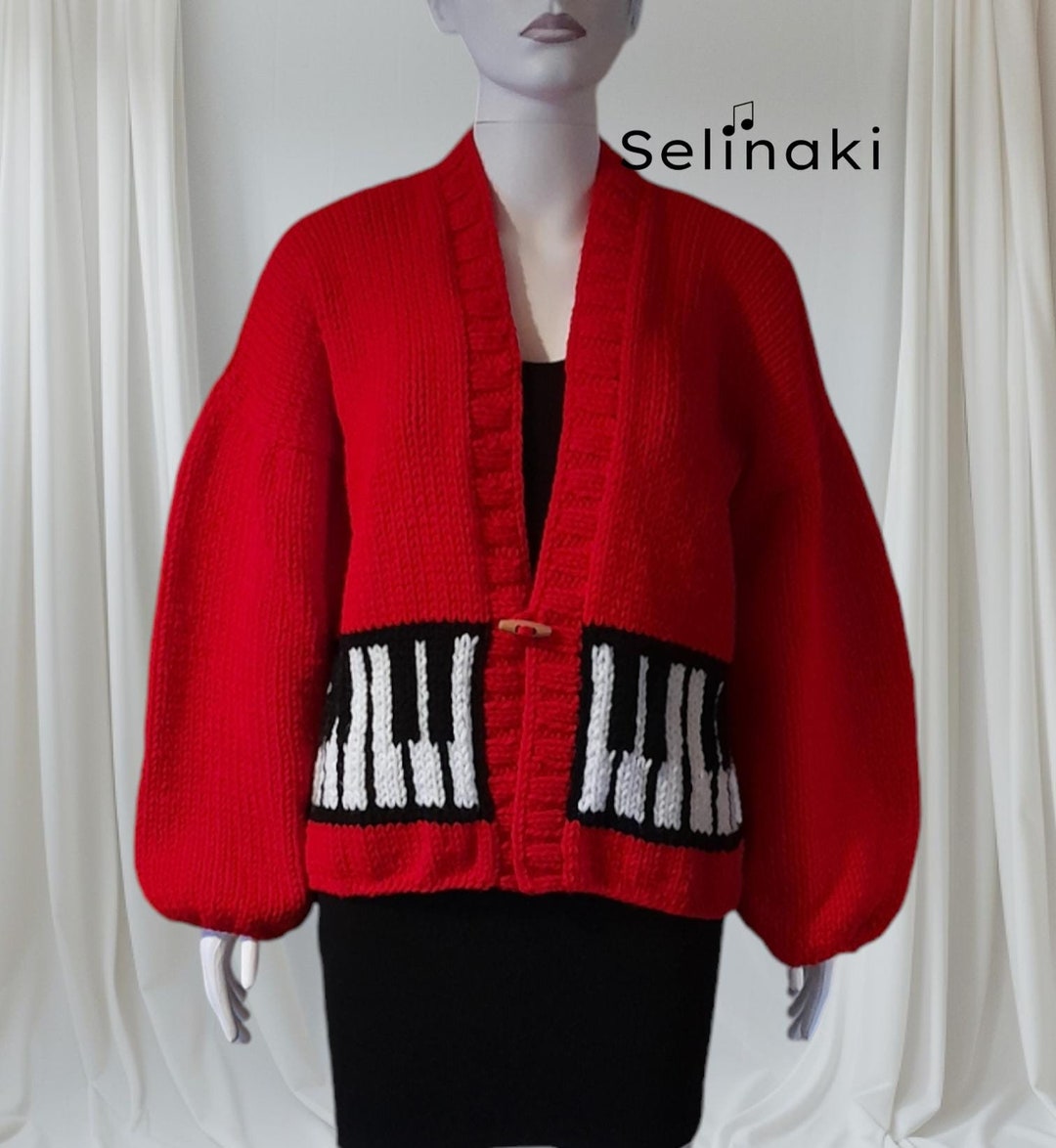 Hand Knitted Piano Cardigan Red Music Cardigan - Etsy