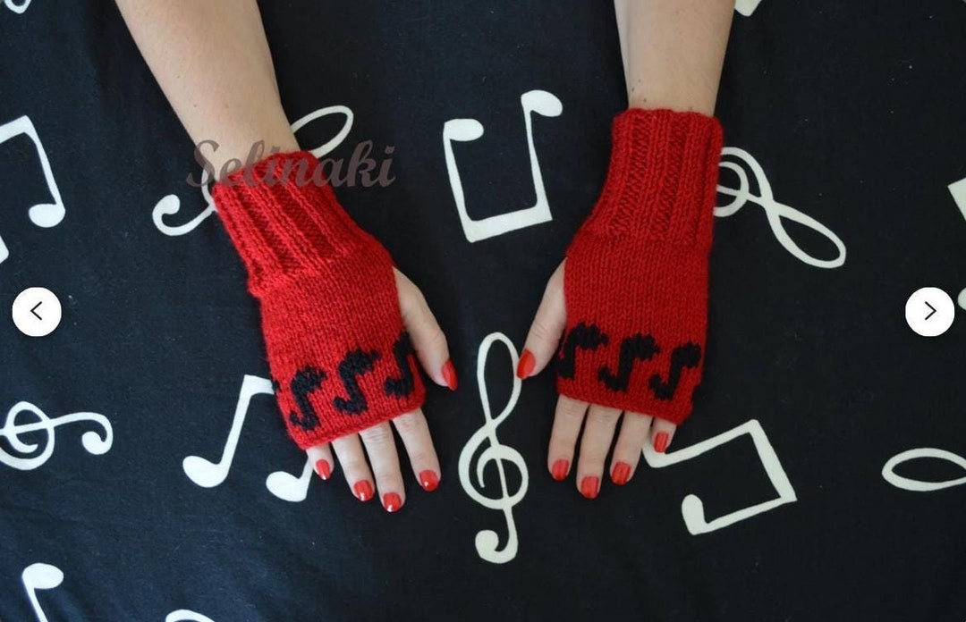 Knit Music Notes Fingerless Gloves Red Mittens Hand Wrist Warmers - Etsy