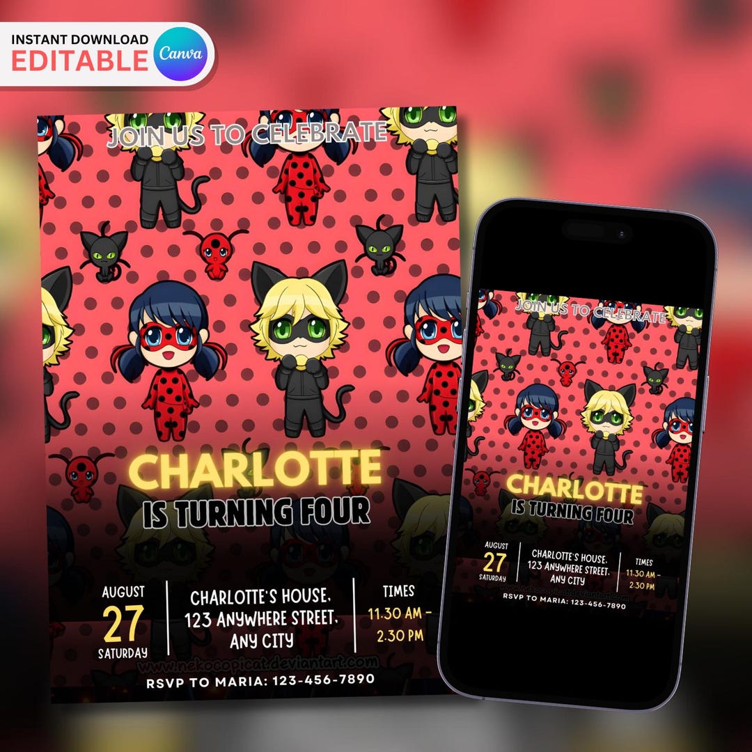 Miraculous Ladybug Birthday Invitation Template Digital Kids Party ...