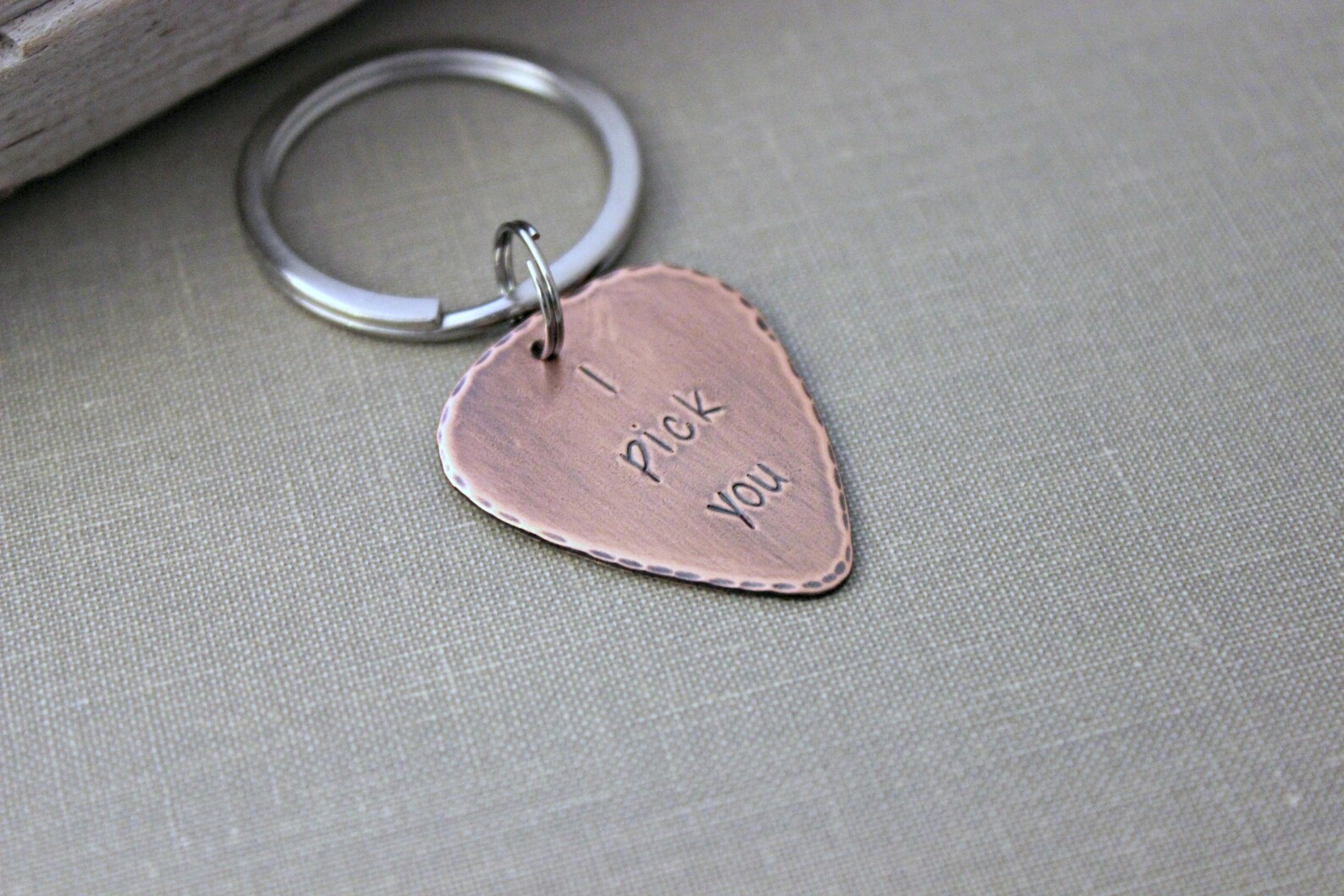 Rustic Guitar Pick Keychain, I Pick You, Hand Stamped Copper Guitar ...