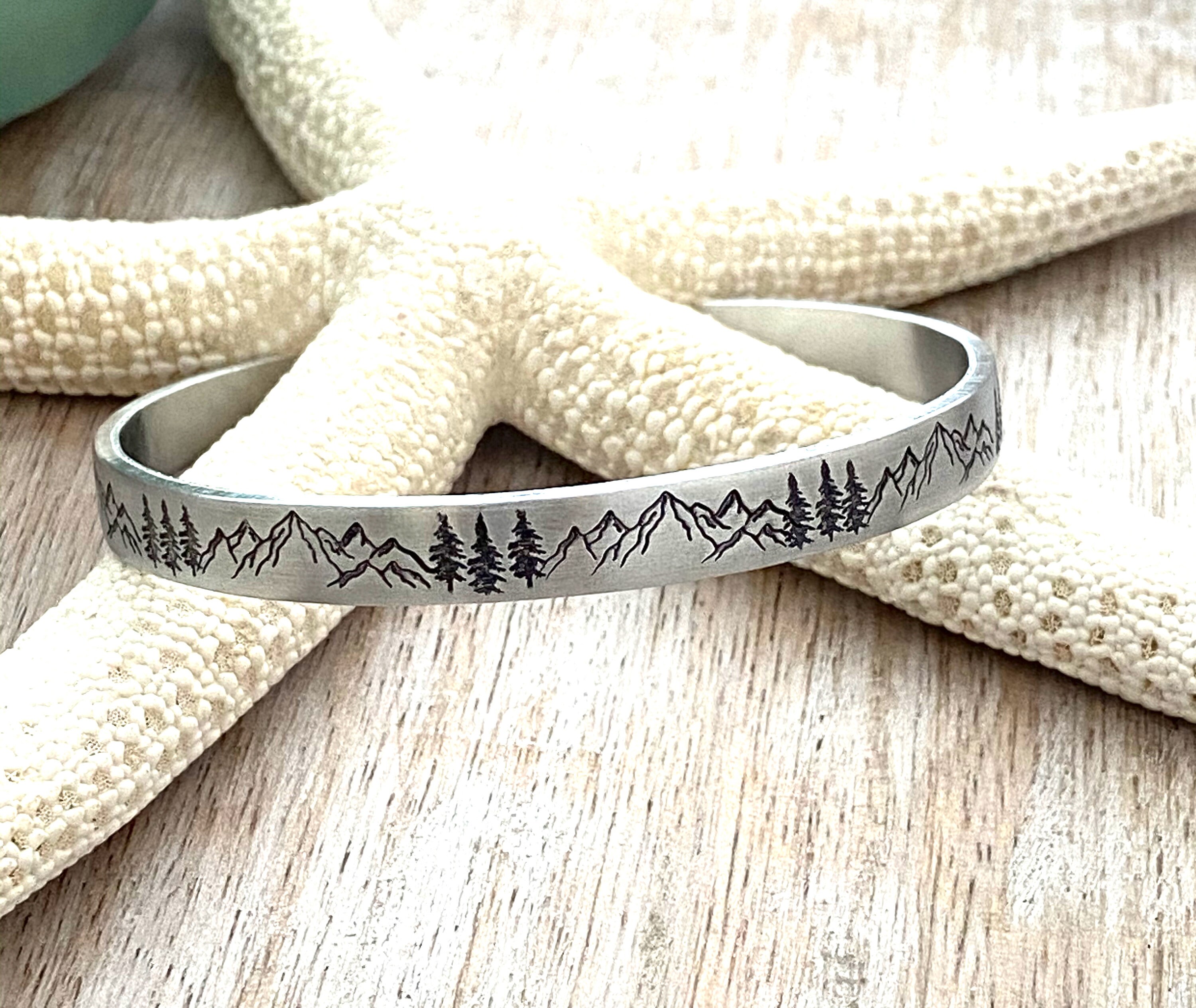 Mountain Range and Tree Scene Bracelet - Hand Stamped Silver Aluminum ...
