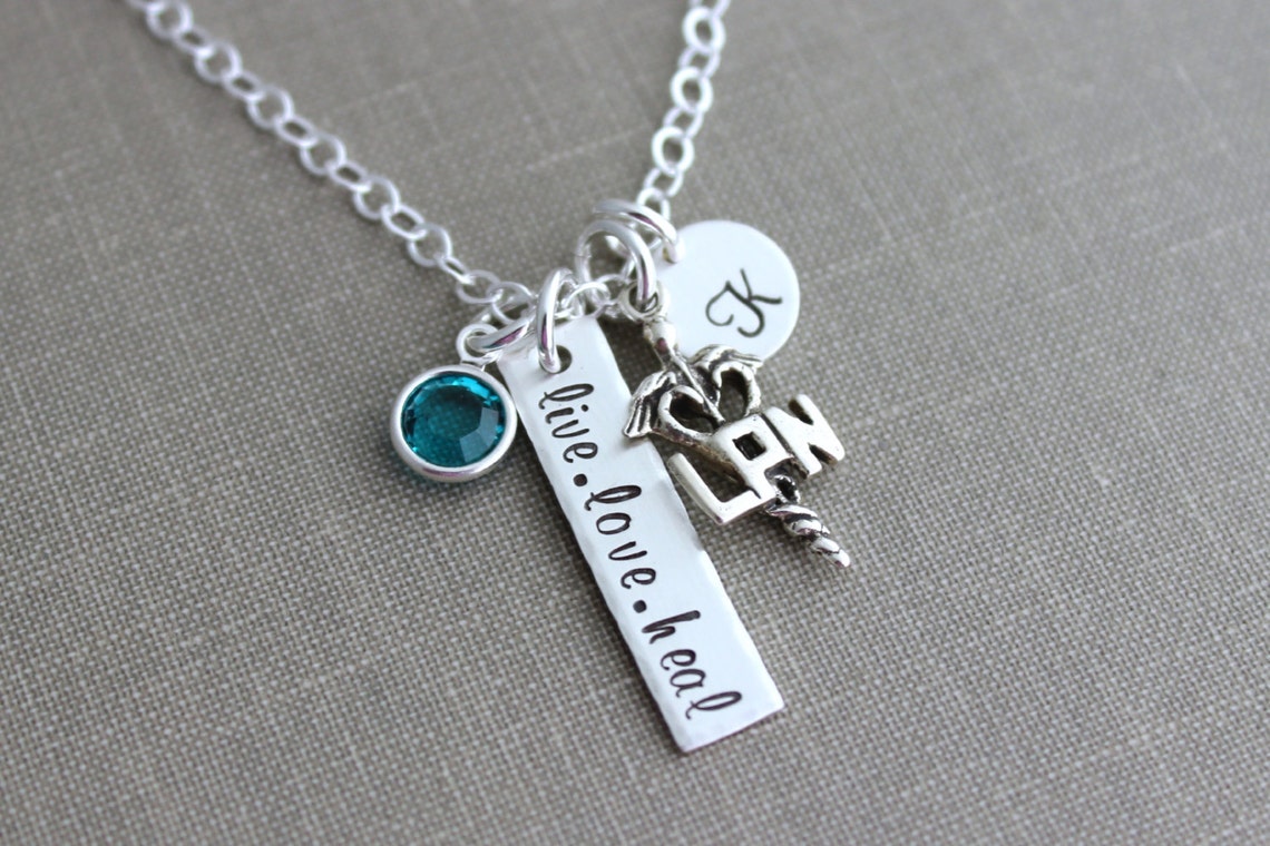 LPN Sterling Silver Nurse Necklace, Live Love Heal, With Birthstone ...