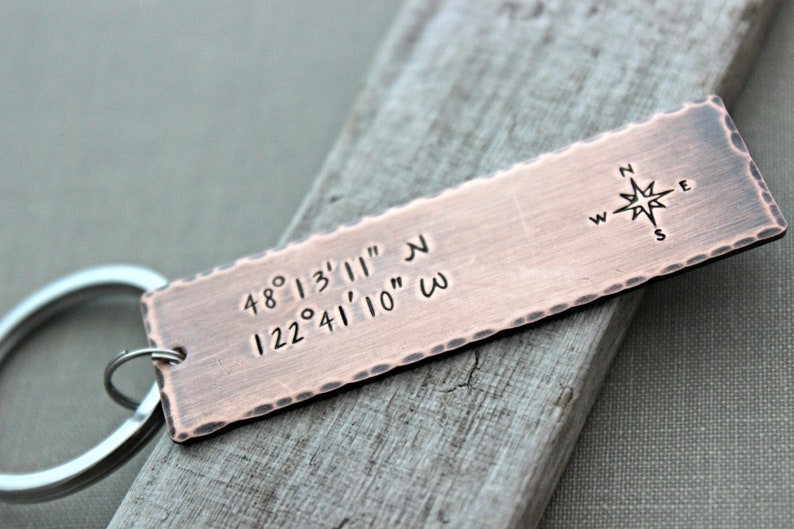 Coordinates Keychain Custom Copper or Bronze Hand Stamped - Etsy