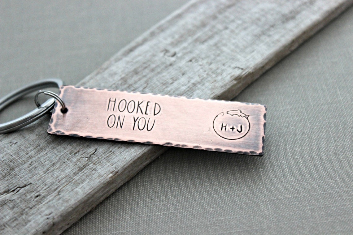 Hooked on You Keychain - Custom Copper Hand Stamped Key Chain - Rustic ...