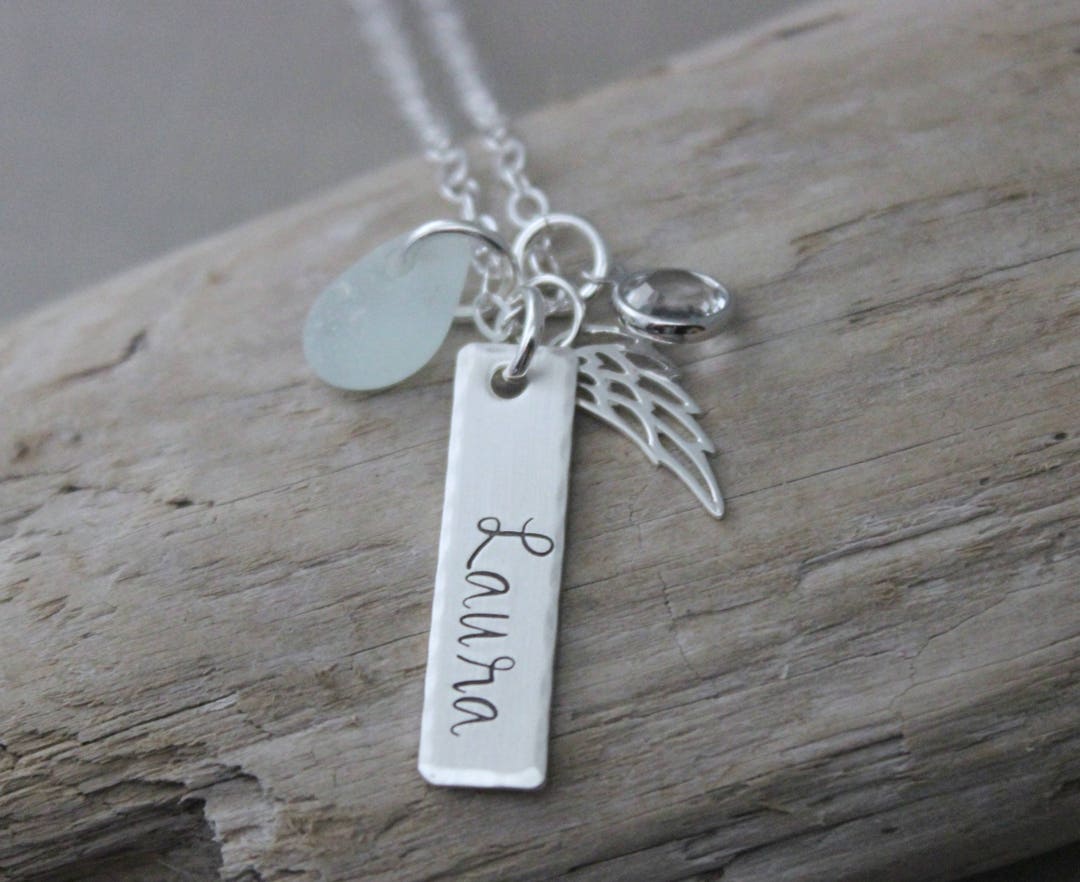 Sterling Silver Angel Wing Name Bar Necklace, Hand Stamped Rectangle ...