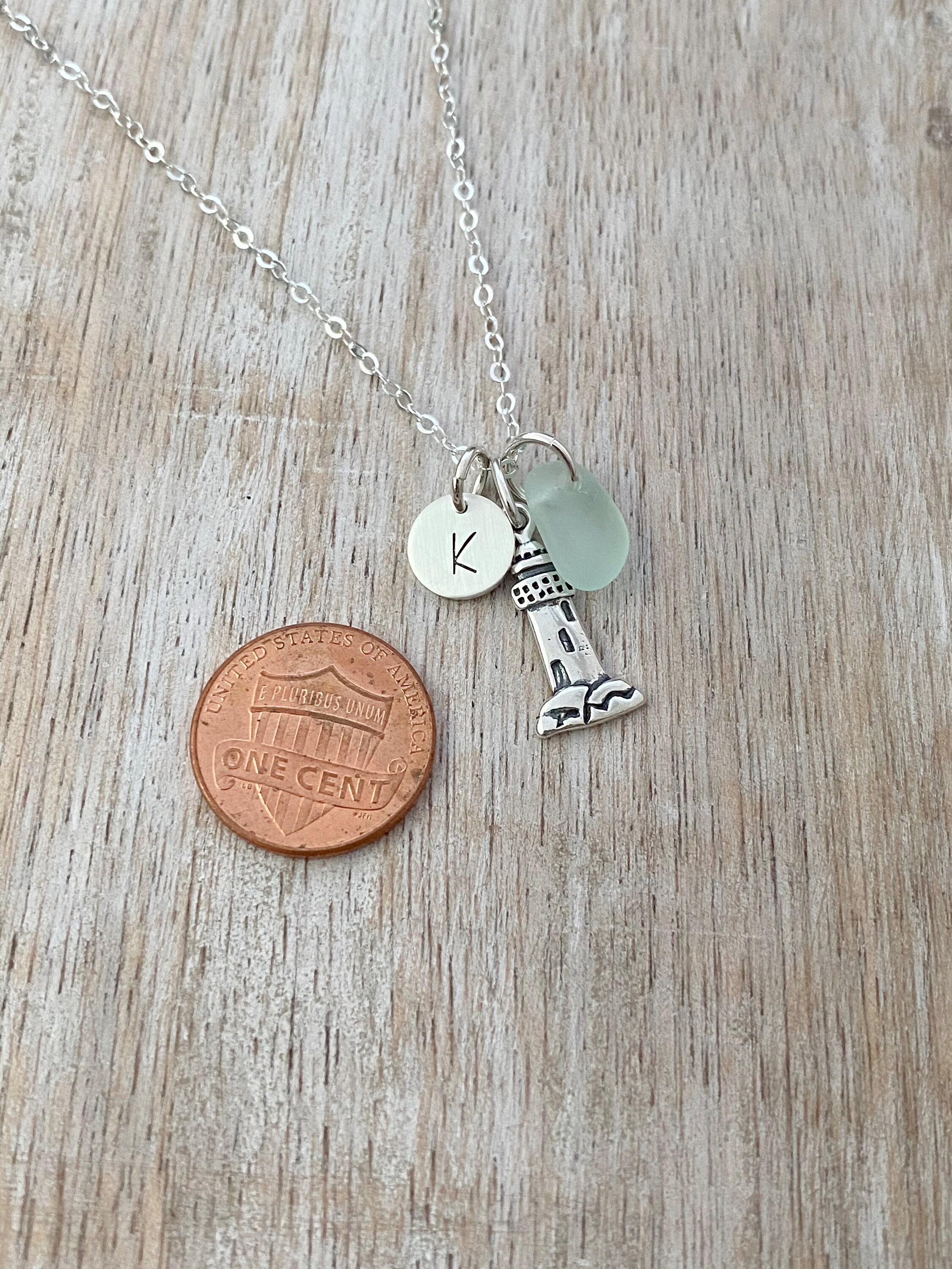 Sterling Silver Lighthouse Necklace, Genuine Sea Glass and Mini Initial ...