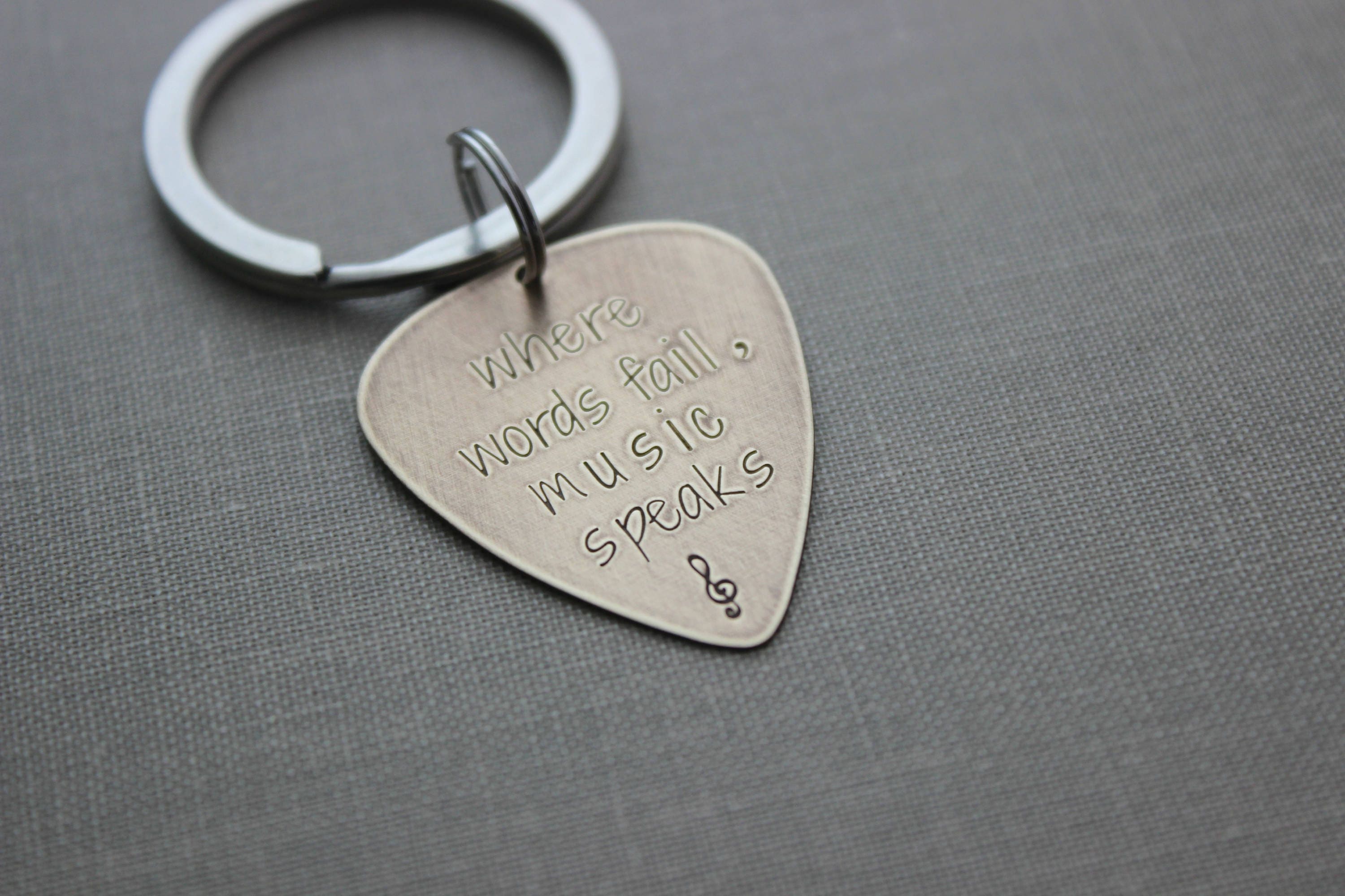 Where Words Fail, Music Speaks - Guitar Pick Keychain - Rustic Brass ...