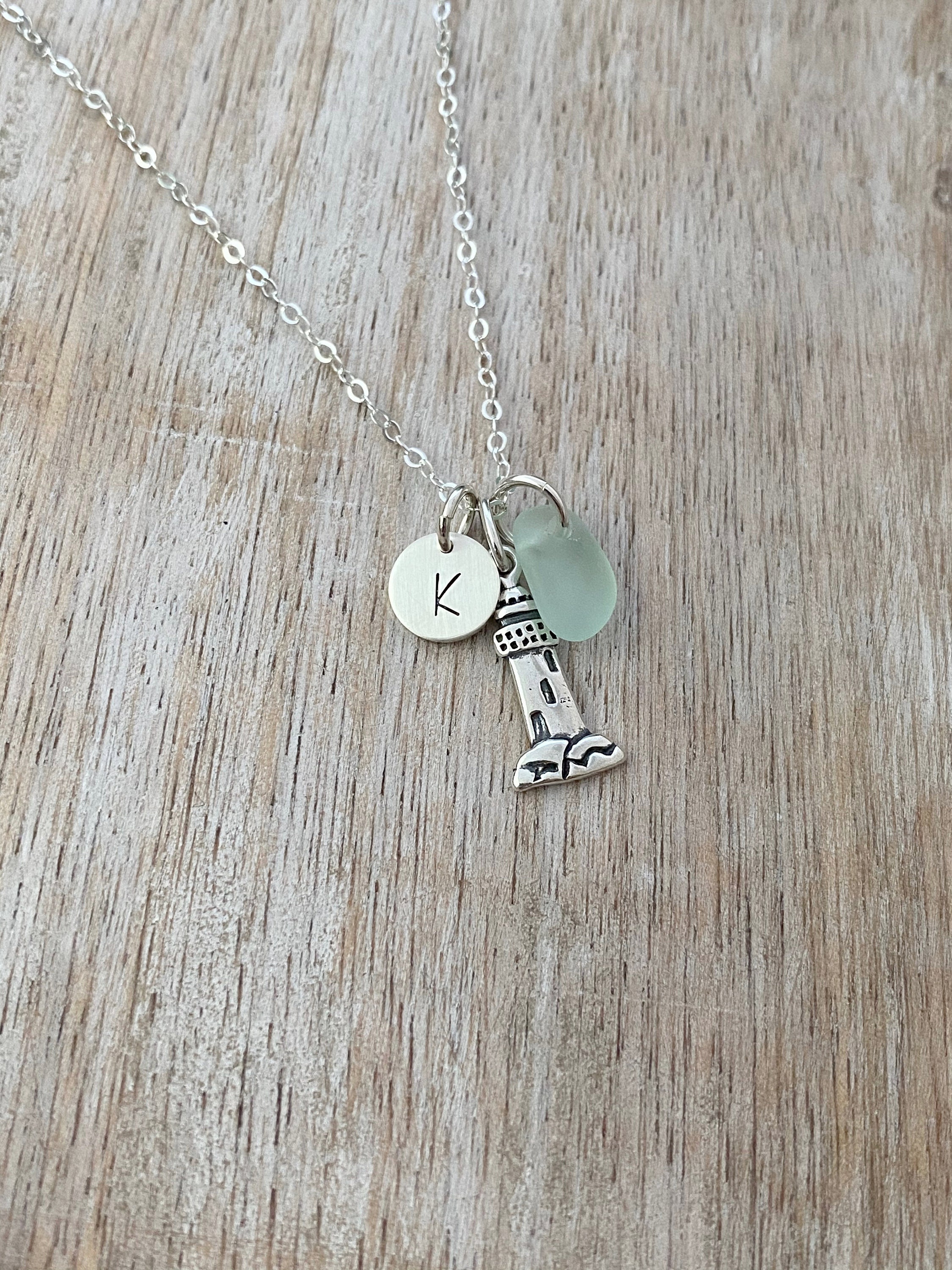 Sterling Silver Lighthouse Necklace, Genuine Sea Glass and Mini Initial ...