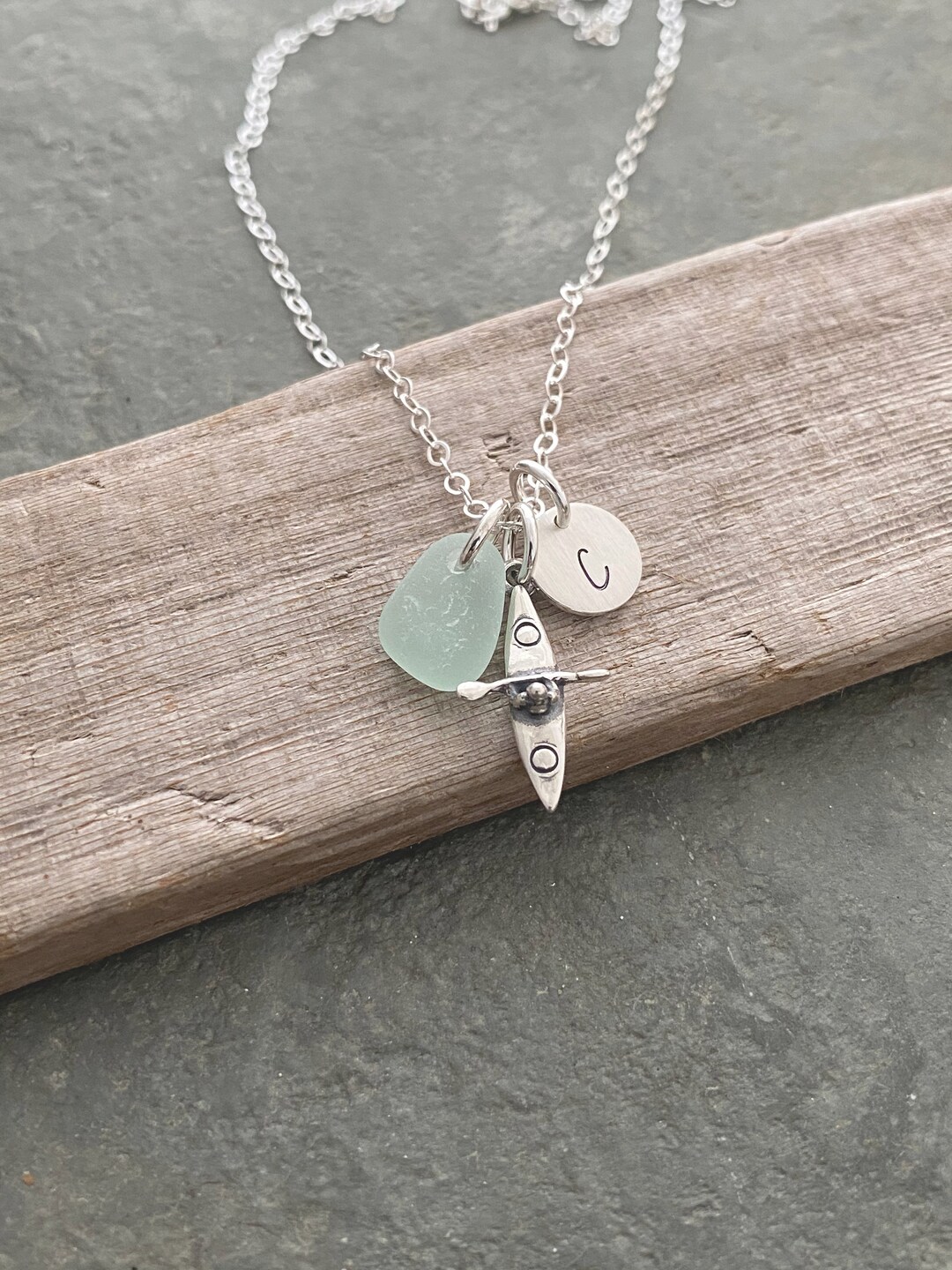 Sterling Silver Kayak Charm Necklace - Genuine Sea Glass - Personalized ...