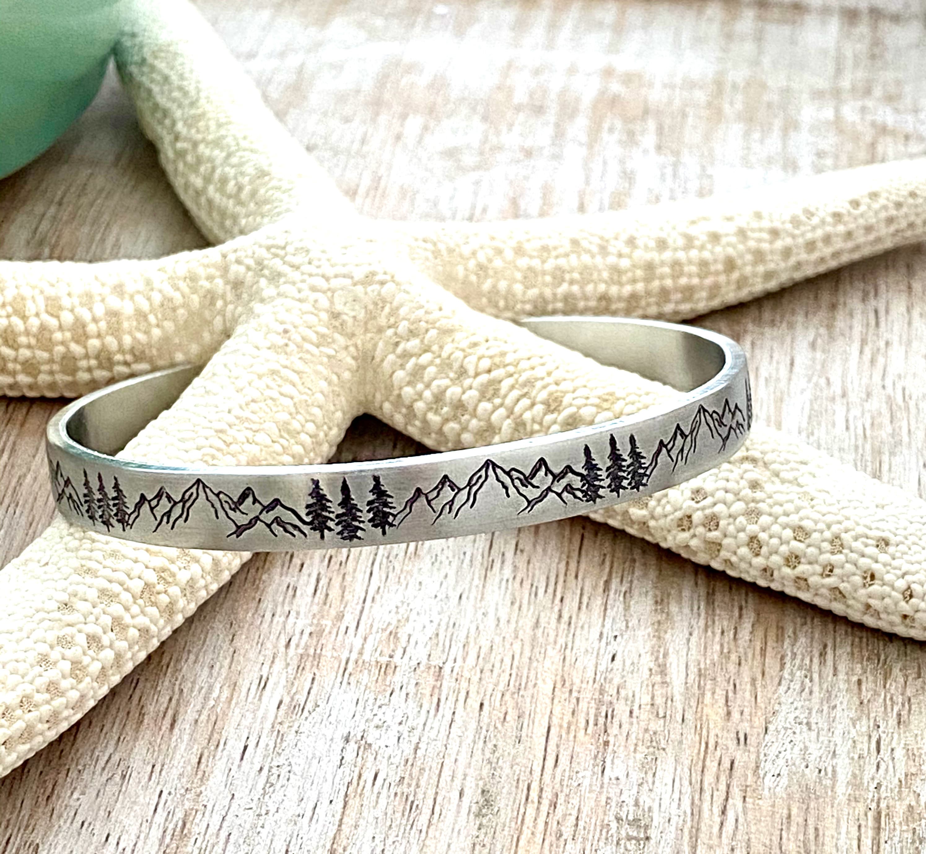 Mountain Range and Tree Scene Bracelet - Hand Stamped Silver Aluminum ...