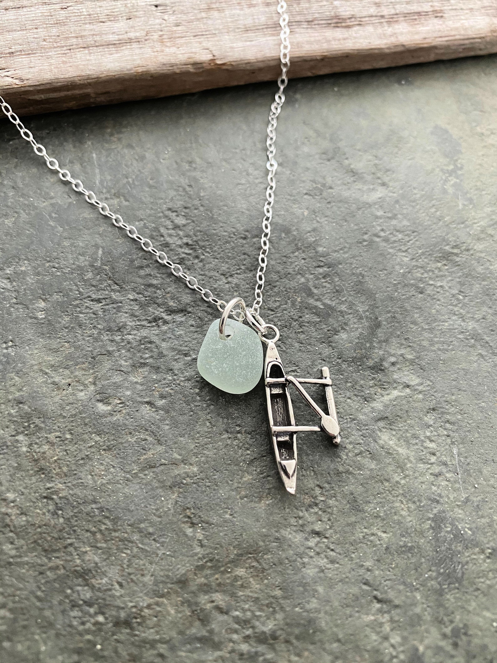 Sterling Silver Canoe Charm Necklace With Sea Glass Seafoam, White or ...