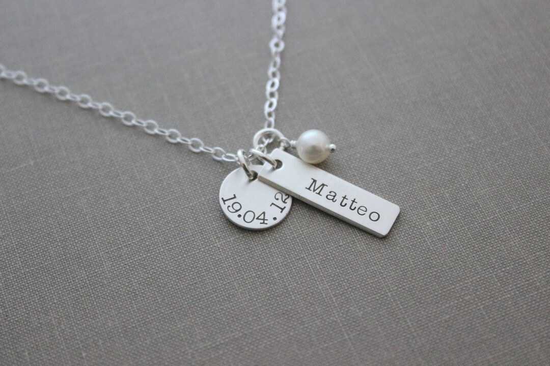 Name Birthdate Necklace - Sterling Silver Disc Circle & Bar White Pearl ...