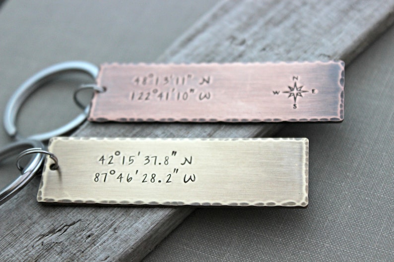 Coordinates Keychain Custom Copper or Bronze Hand Stamped - Etsy