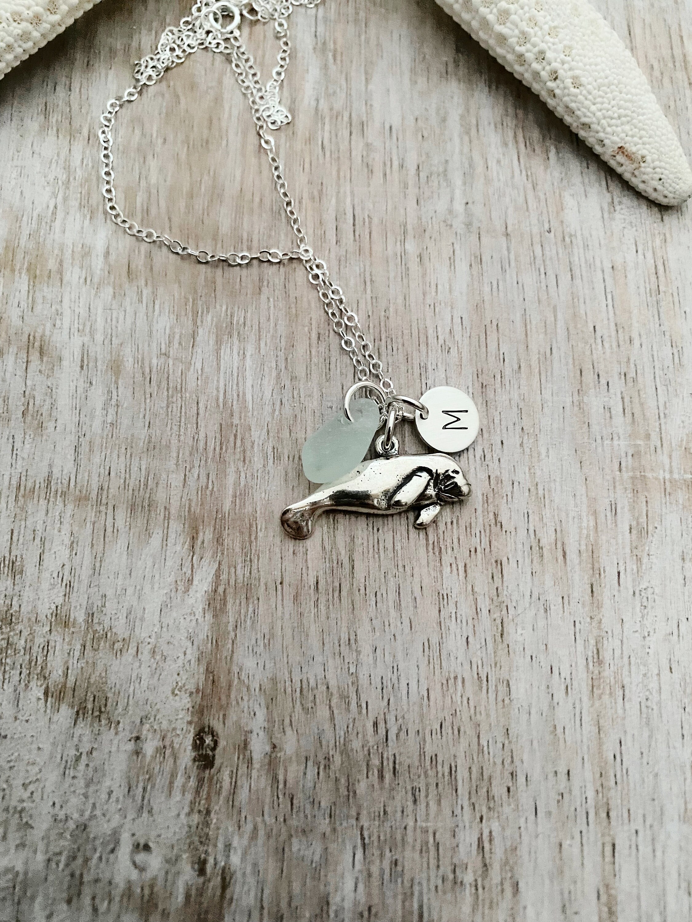 Sterling Silver Manatee Charm Necklace With Genuine Sea Glass and ...