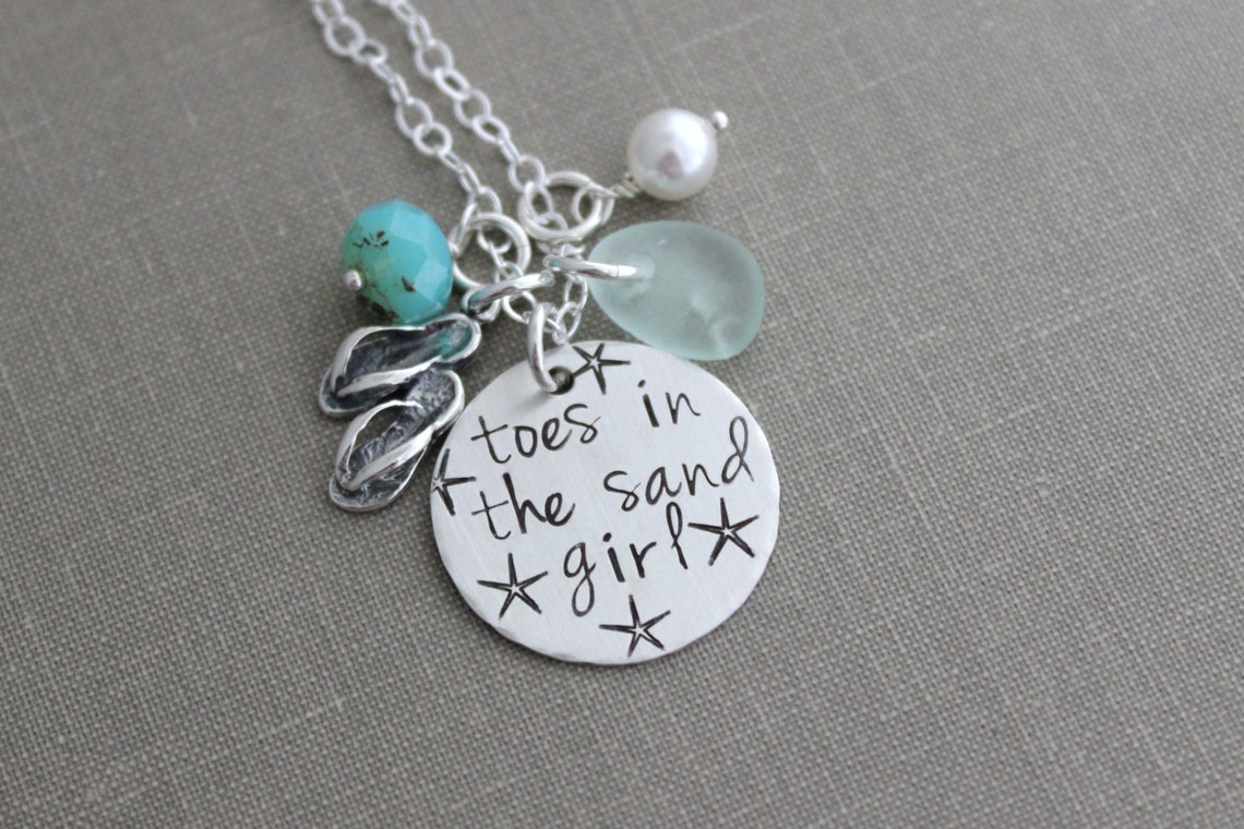 Toes in the Sand Girl, Beach Quote Necklace, Hand Stamped Sterling ...