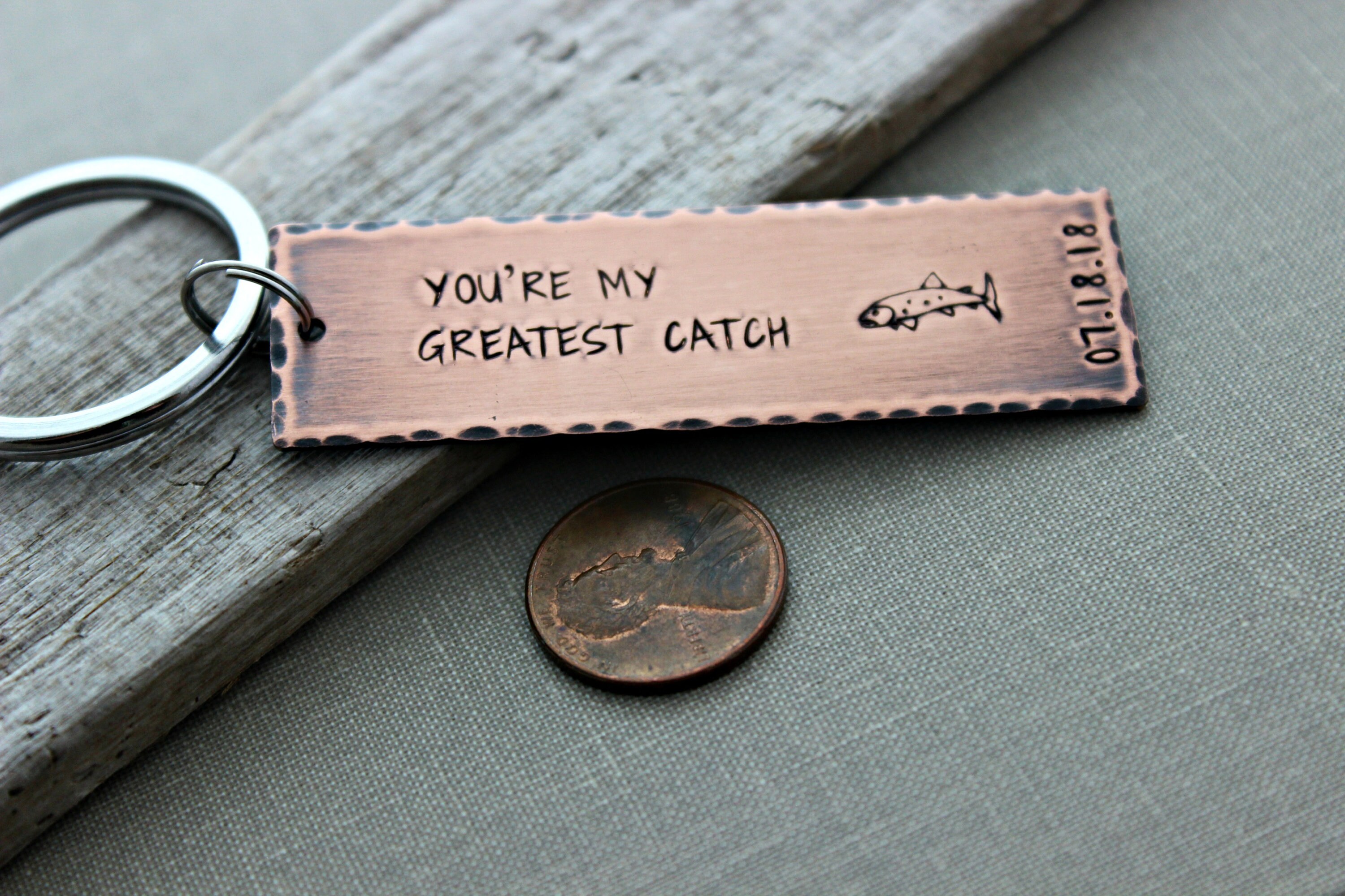 You're My Greatest Catch Copper Hand Stamped Keychain - Etsy