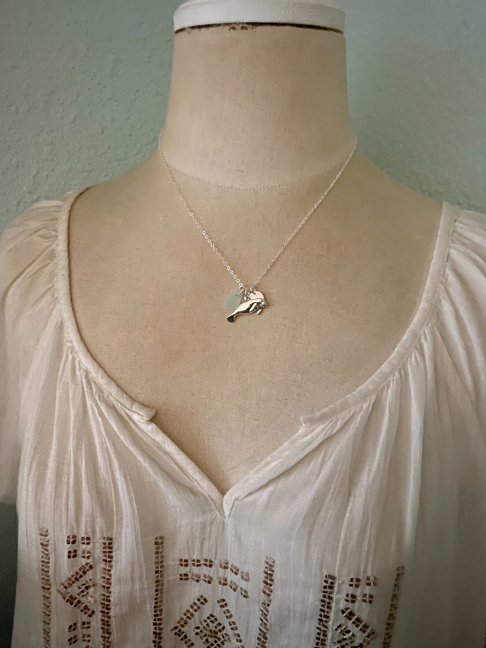 Sterling Silver Manatee Charm Necklace With Genuine Sea Glass and ...