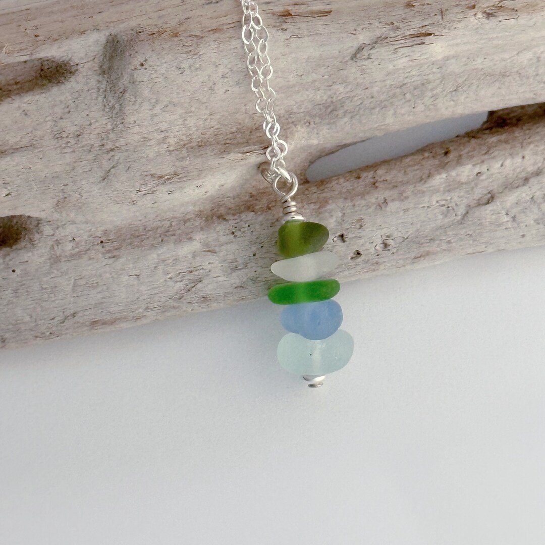 Sea Glass Stack Necklace Sterling Silver, Olive Green, White, Kelly ...