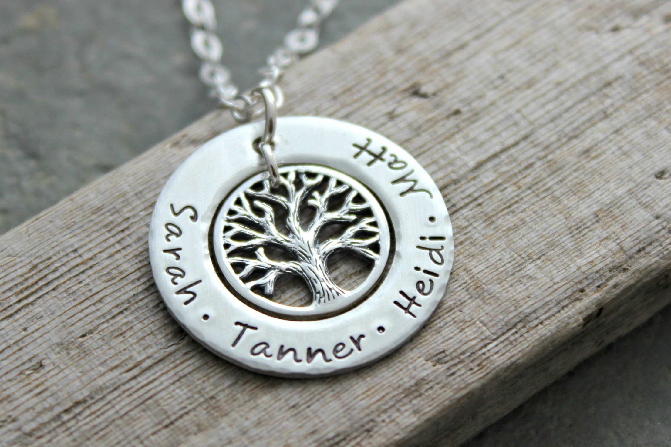 Sterling Silver Family Tree Name Necklace Hand Stamped | Etsy