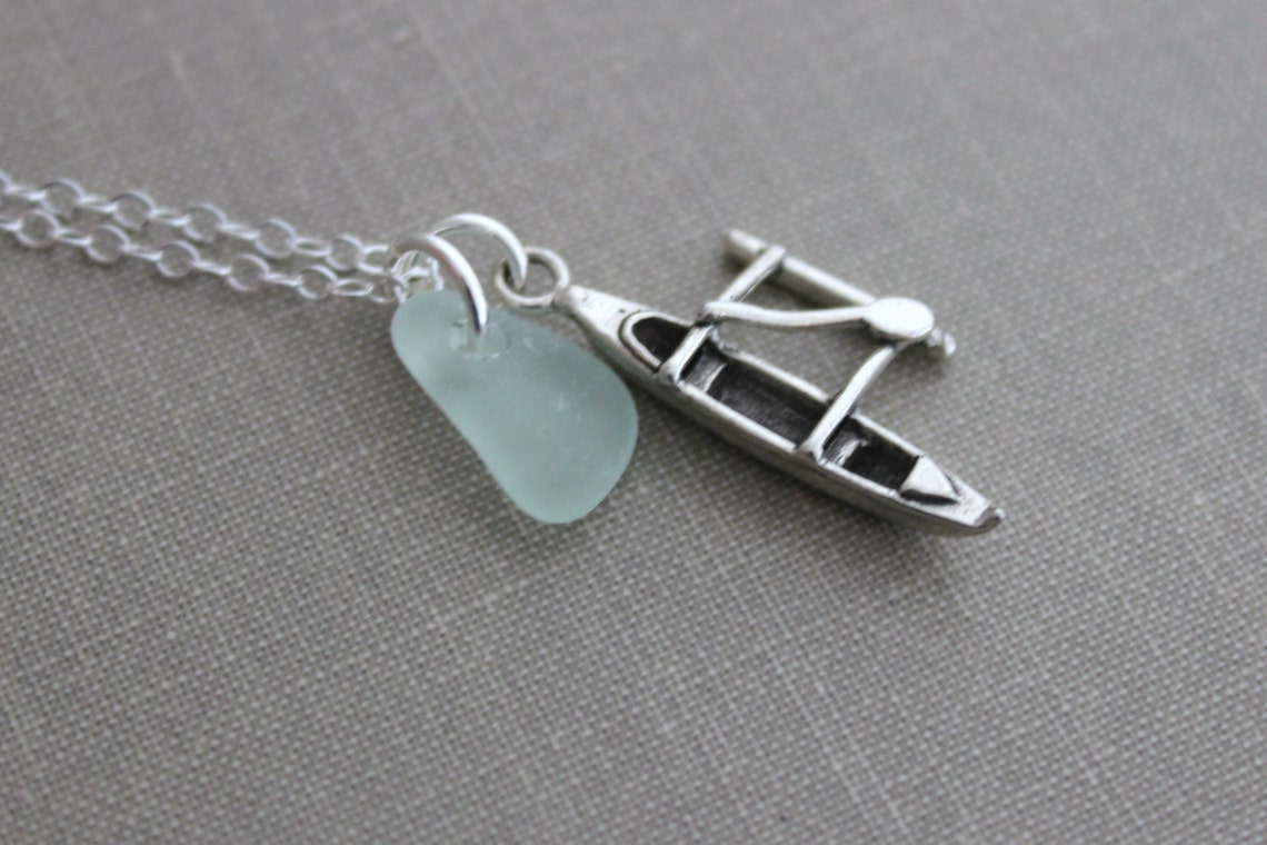 Sterling Silver Canoe Charm Necklace With Sea Glass Seafoam, White or ...