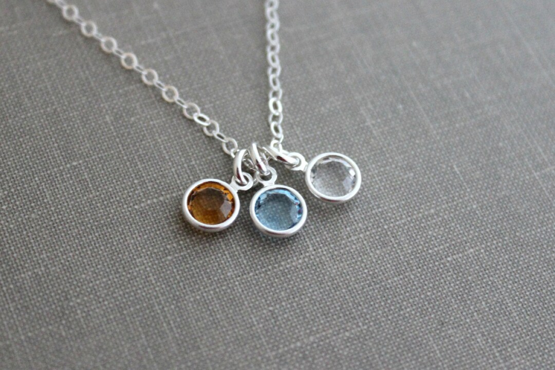 Crystal Birthstone Charm Necklace, Sterling Silver Chain With Three ...