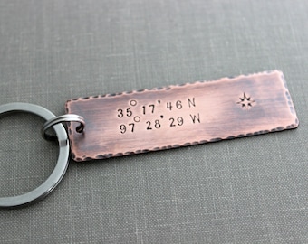 GPS Coordinates Keychain Rustic Copper Keyring Gift for | Etsy