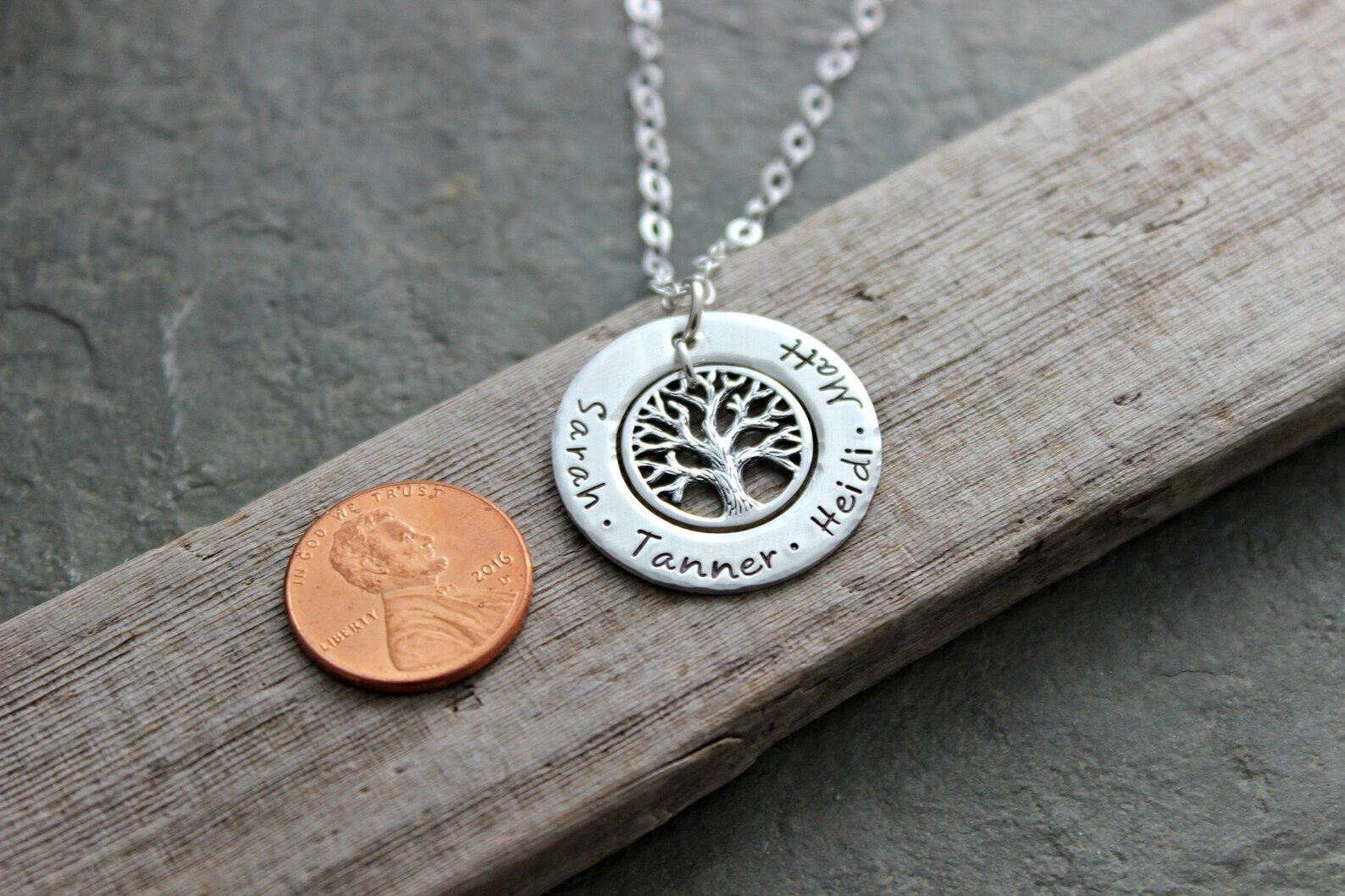 Sterling Silver Family Tree Name Necklace Hand Stamped | Etsy