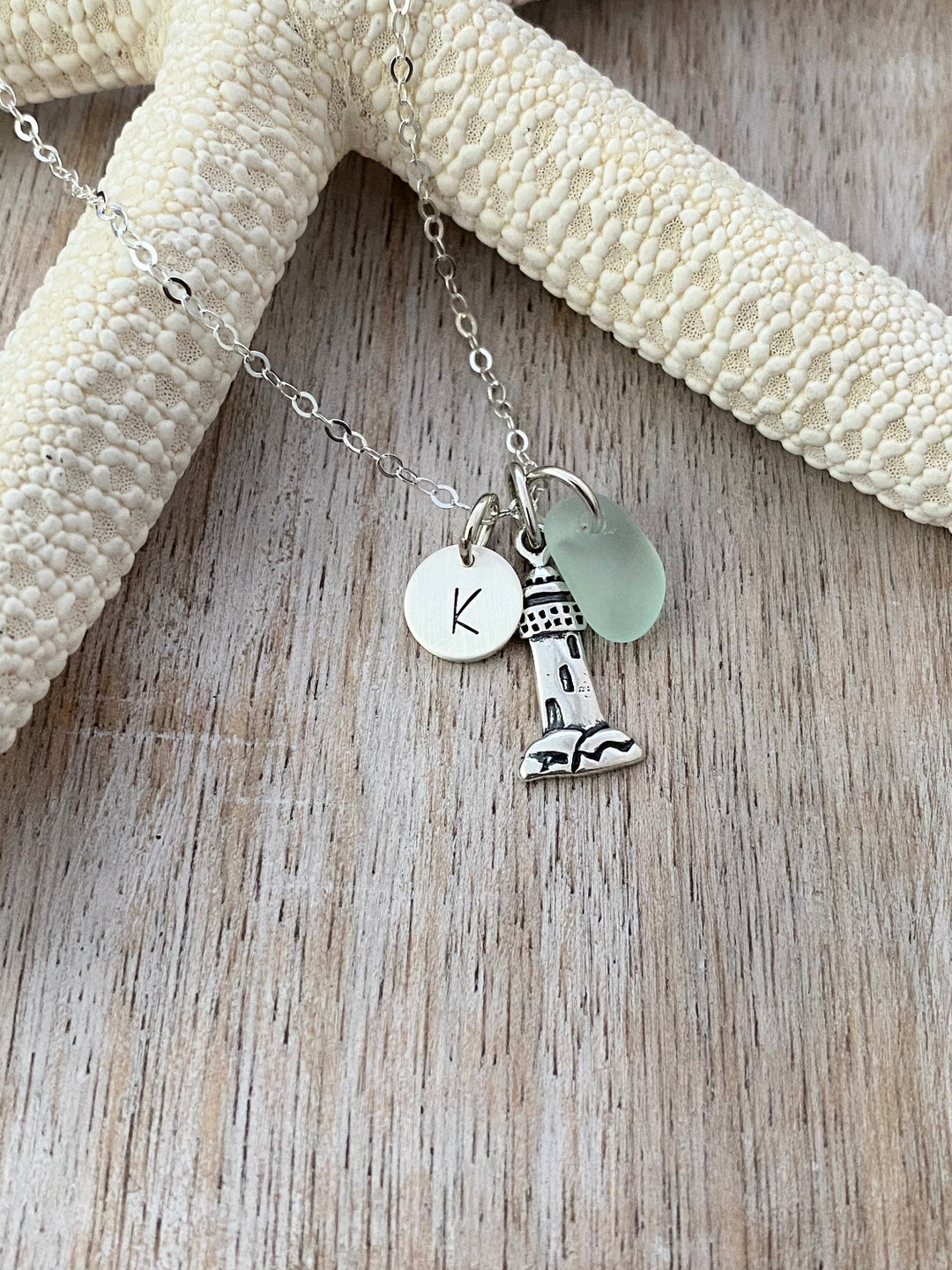 Sterling Silver Lighthouse Necklace, Genuine Sea Glass and Mini Initial ...