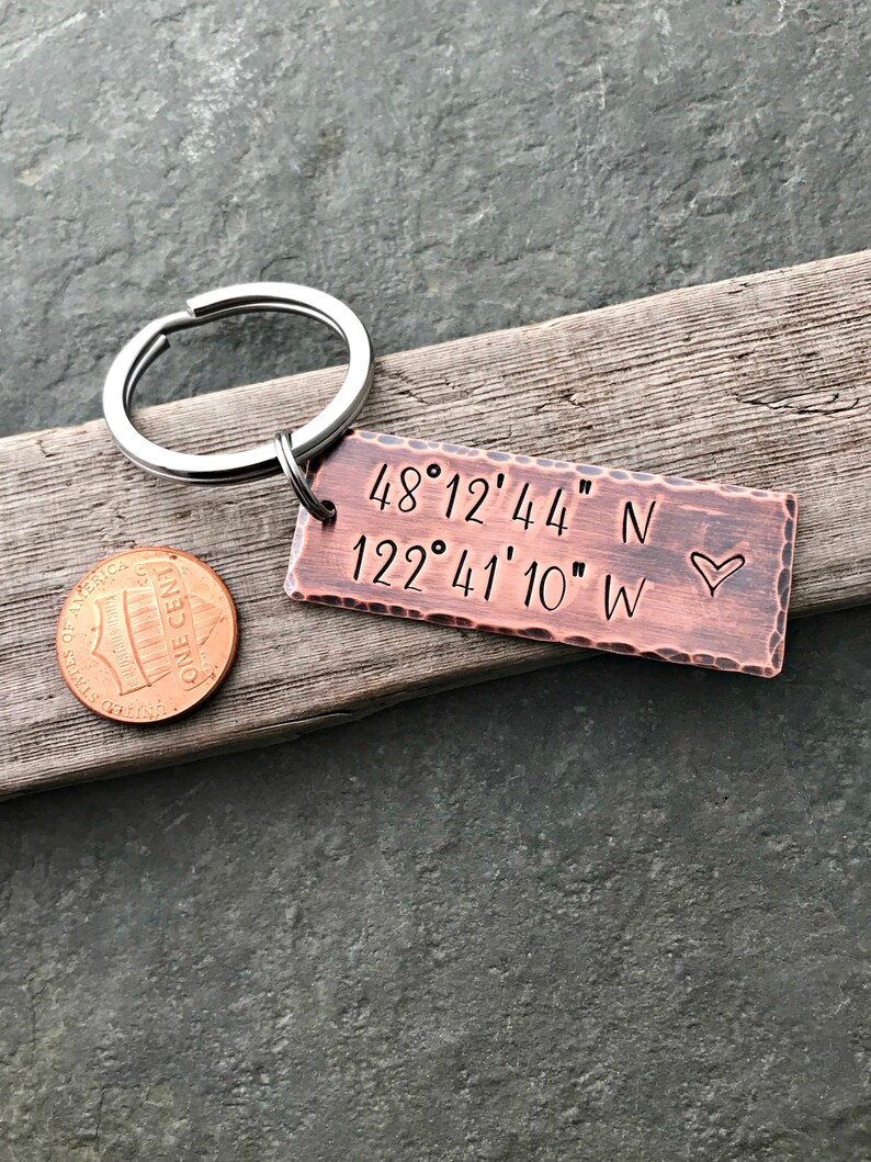 GPS Coordinates Keychain - Rustic Copper Keyring - Gift for Husband or ...