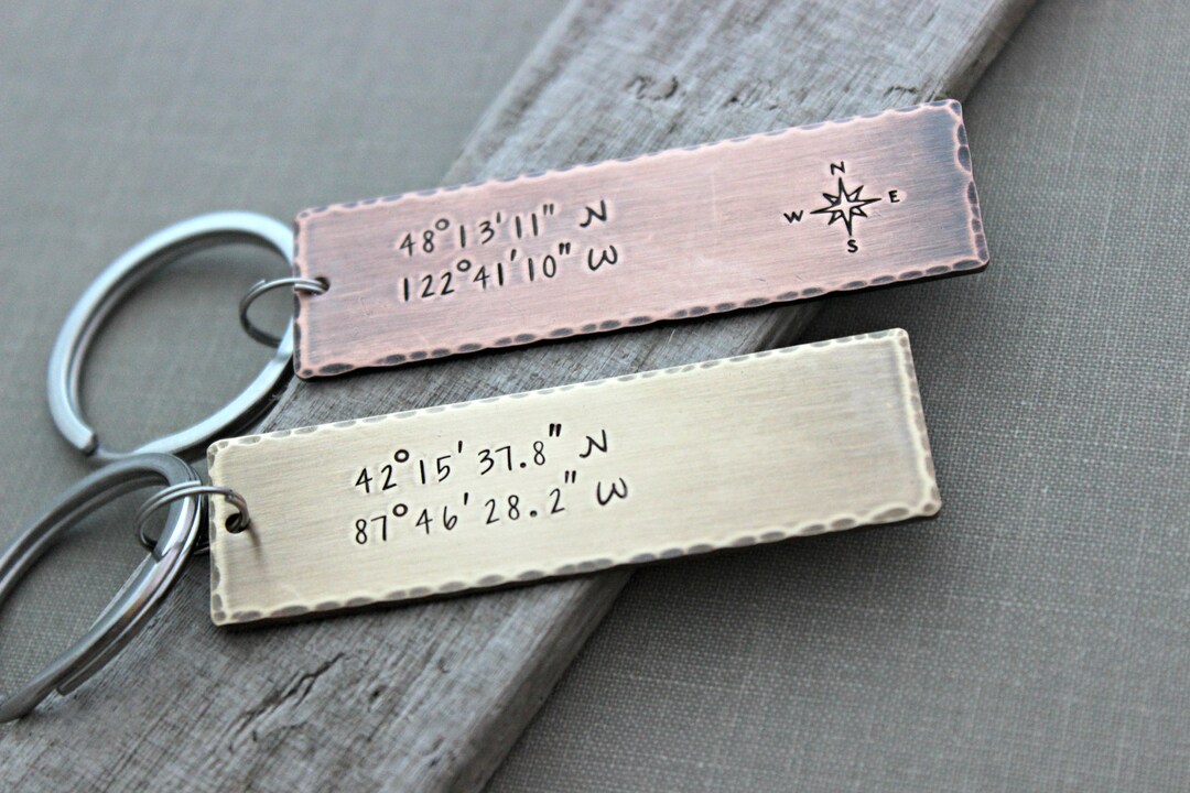 Coordinates Keychain - Custom Copper or Bronze Hand Stamped Latitude ...