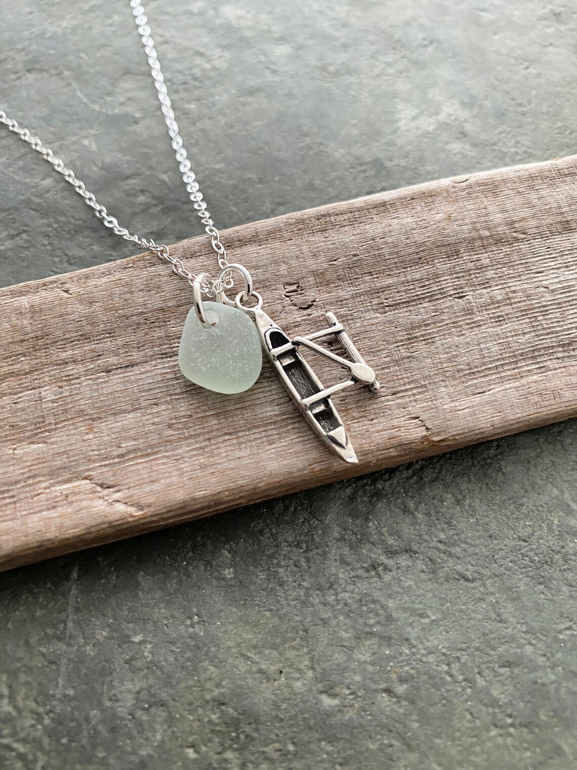 Sterling Silver Canoe Charm Necklace With Sea Glass Seafoam, White or ...