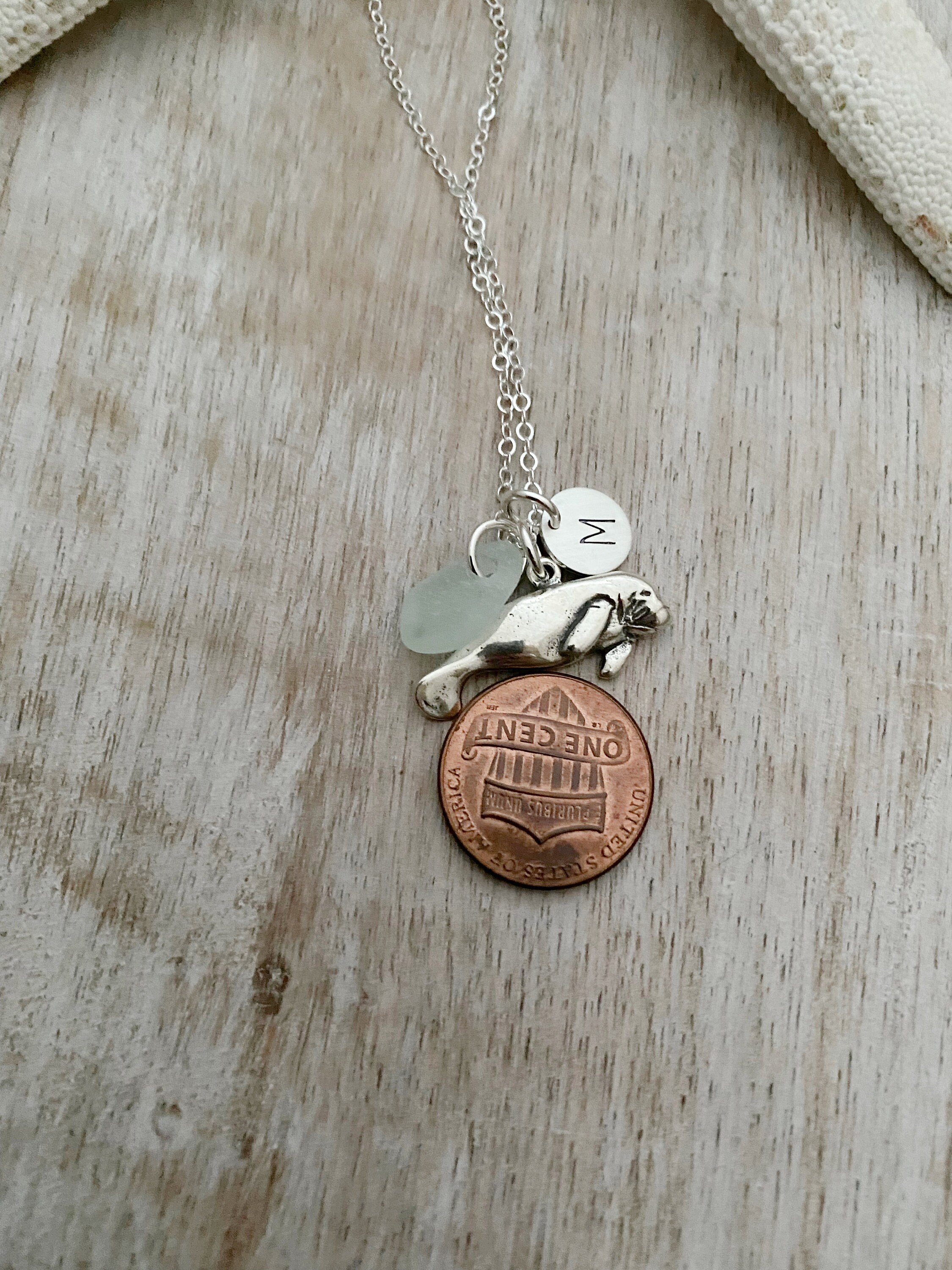 Sterling Silver Manatee Charm Necklace With Genuine Sea Glass and ...