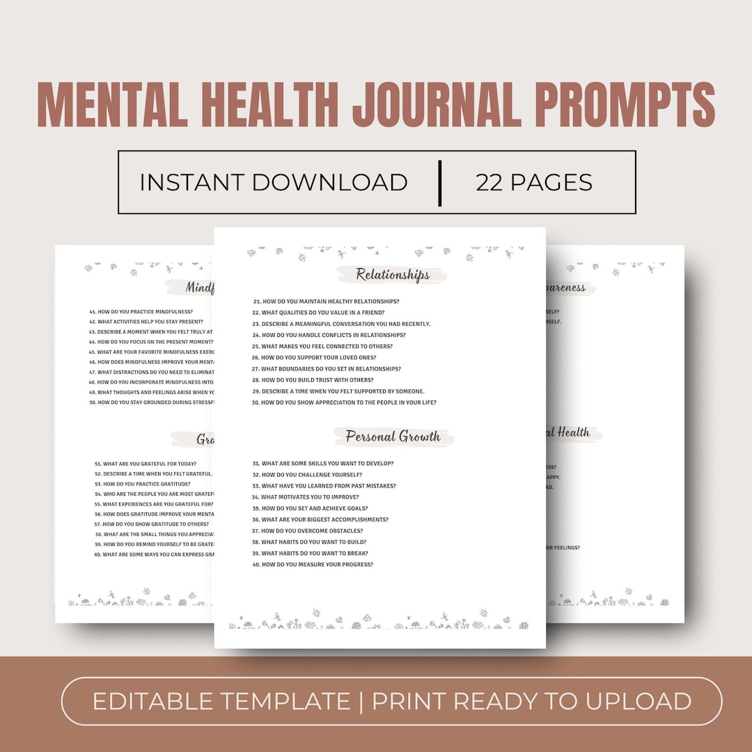 Mental Health Journal Prompts Bundle, Printable, Editable, Journal ...