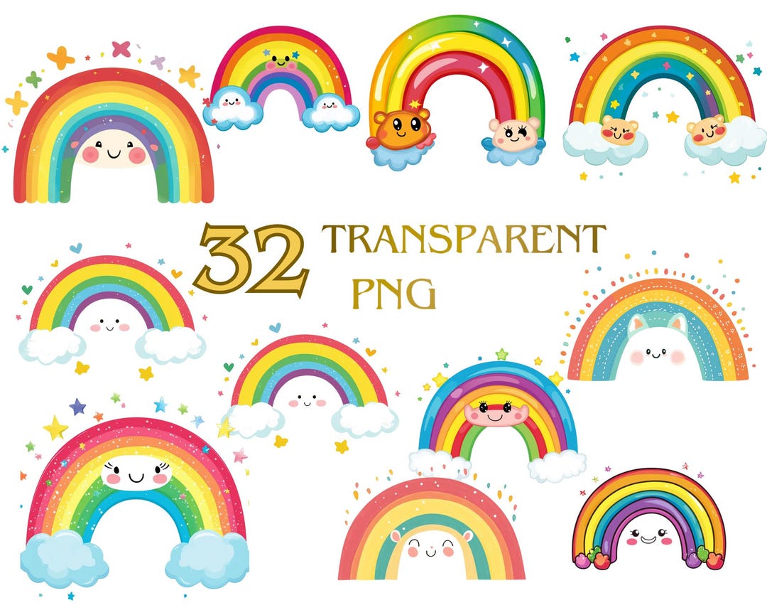 32 PNG, Rainbows Clipart Bundle, Cute Rainbow Clipart, Floral Rainbow ...