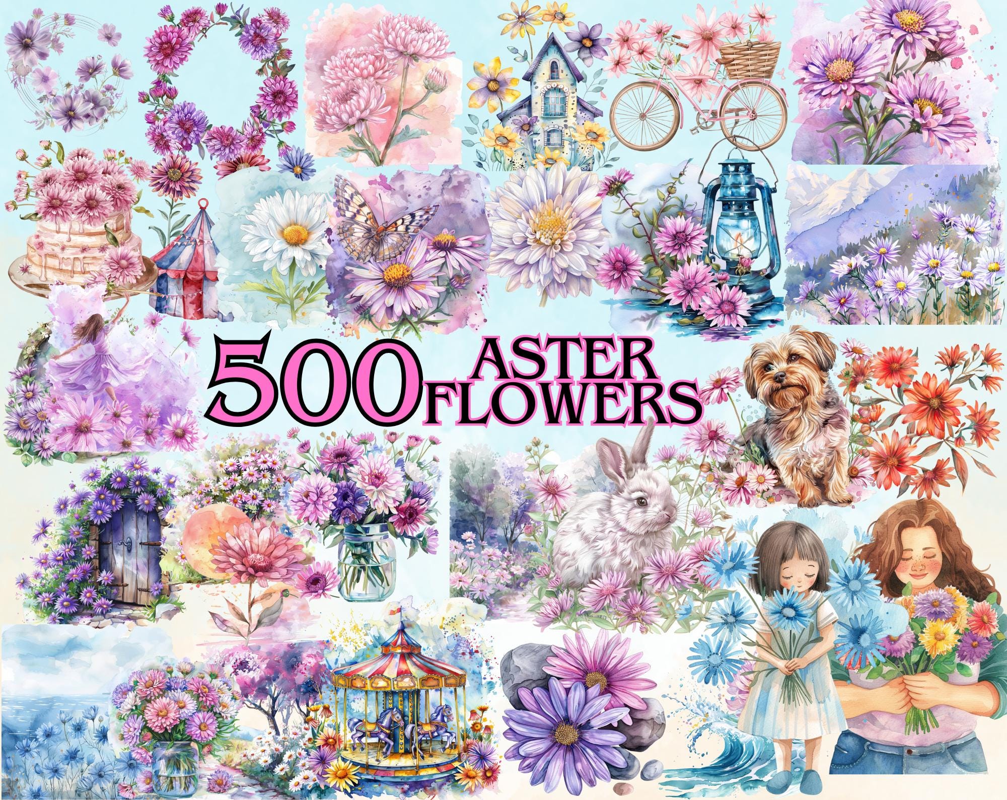 500 Aster Flowers Watercolor Clipart Bundle, Asters Images, Floral ...
