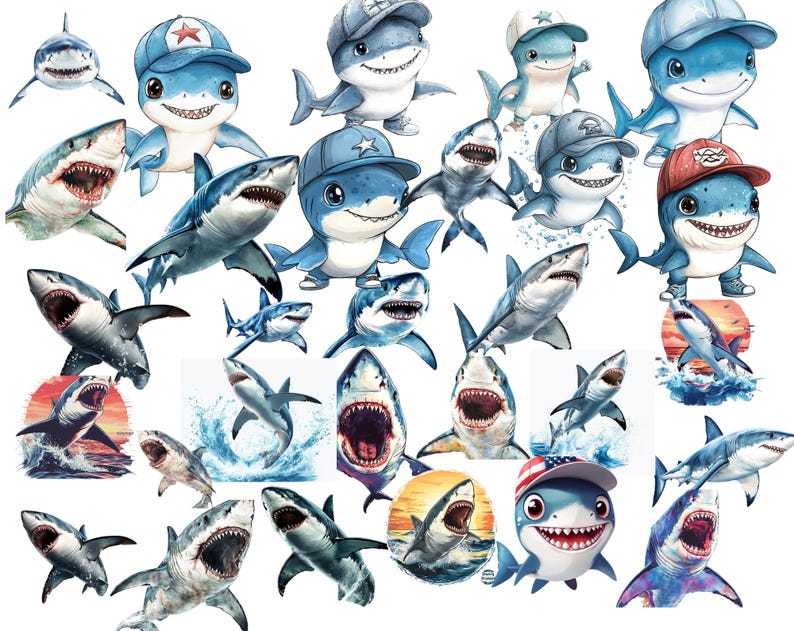 Sharks Watercolor Clipart 150+ Bundle of Shark Images, Oceanic Graphics ...