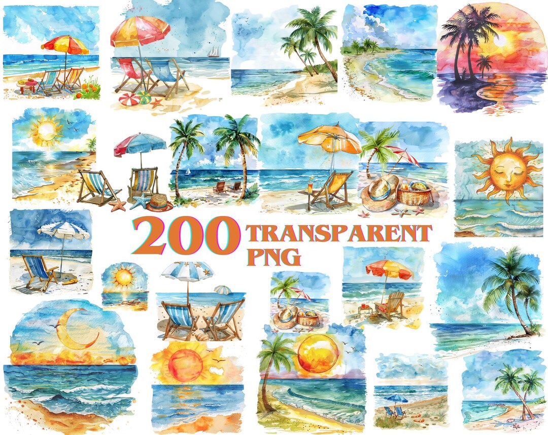 200 PNG Watercolor Tropical Beach Clipart, Summer Beach Clip Art ...