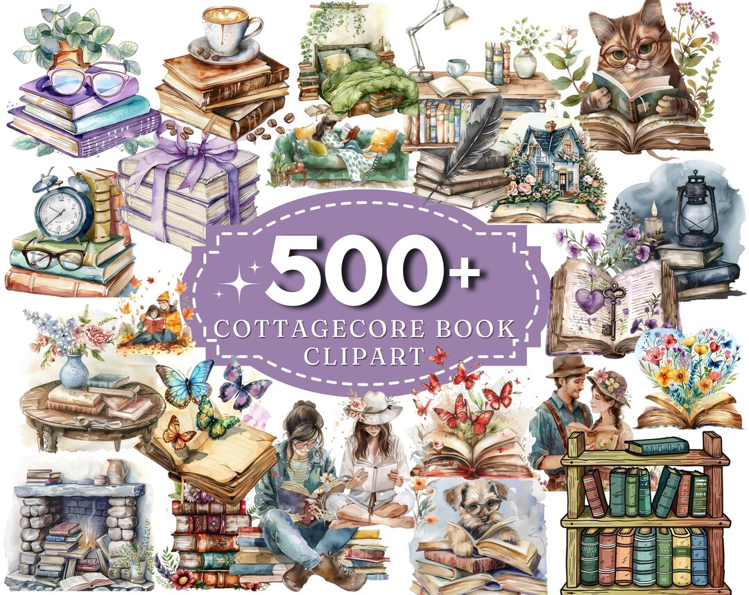 Cottagecore Books Watercolor Clipart Bundle of 500 Cottage Book Images ...
