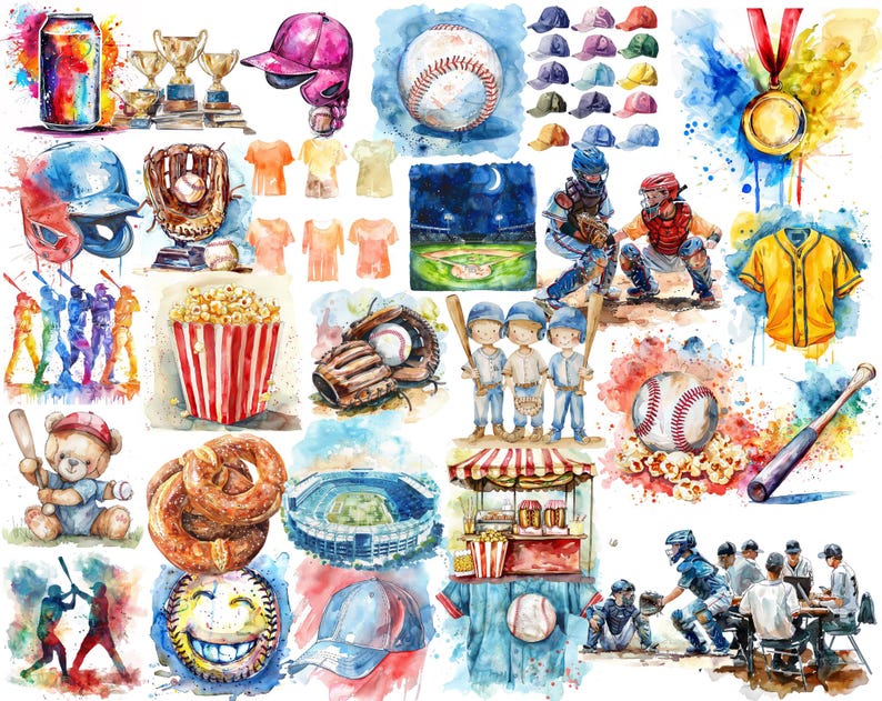 Baseball Watercolor Clipart Bundle, Sports PNG Baseball Equipment ...